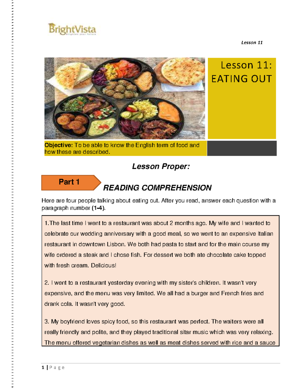 P Lesson 11 Eating OUT - Lesson 11 : EATING OUT Objective: To be able ...