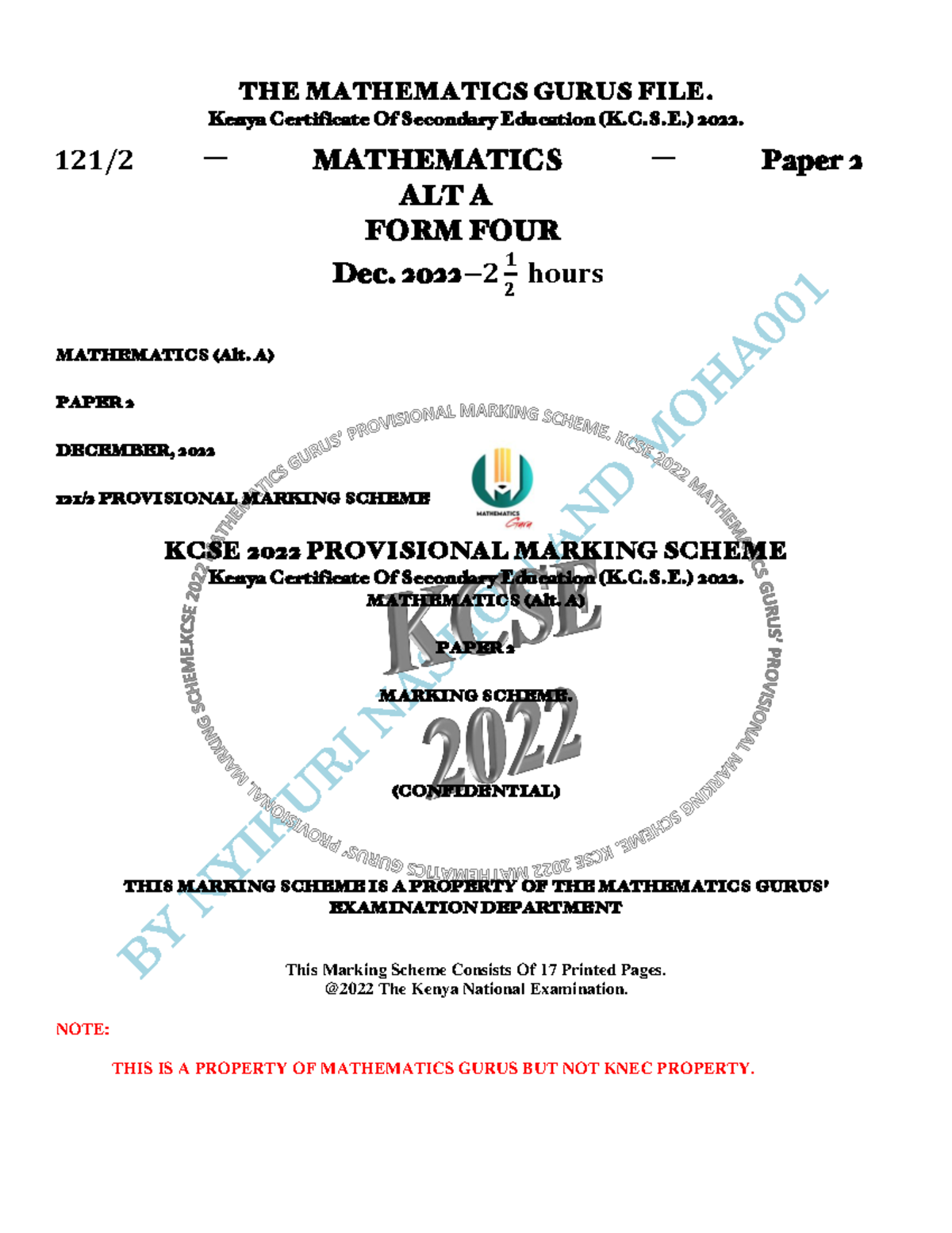 KCSE 2022 Mathematics (Alt A) Paper 2 Provisional Marking Scheme - Studocu