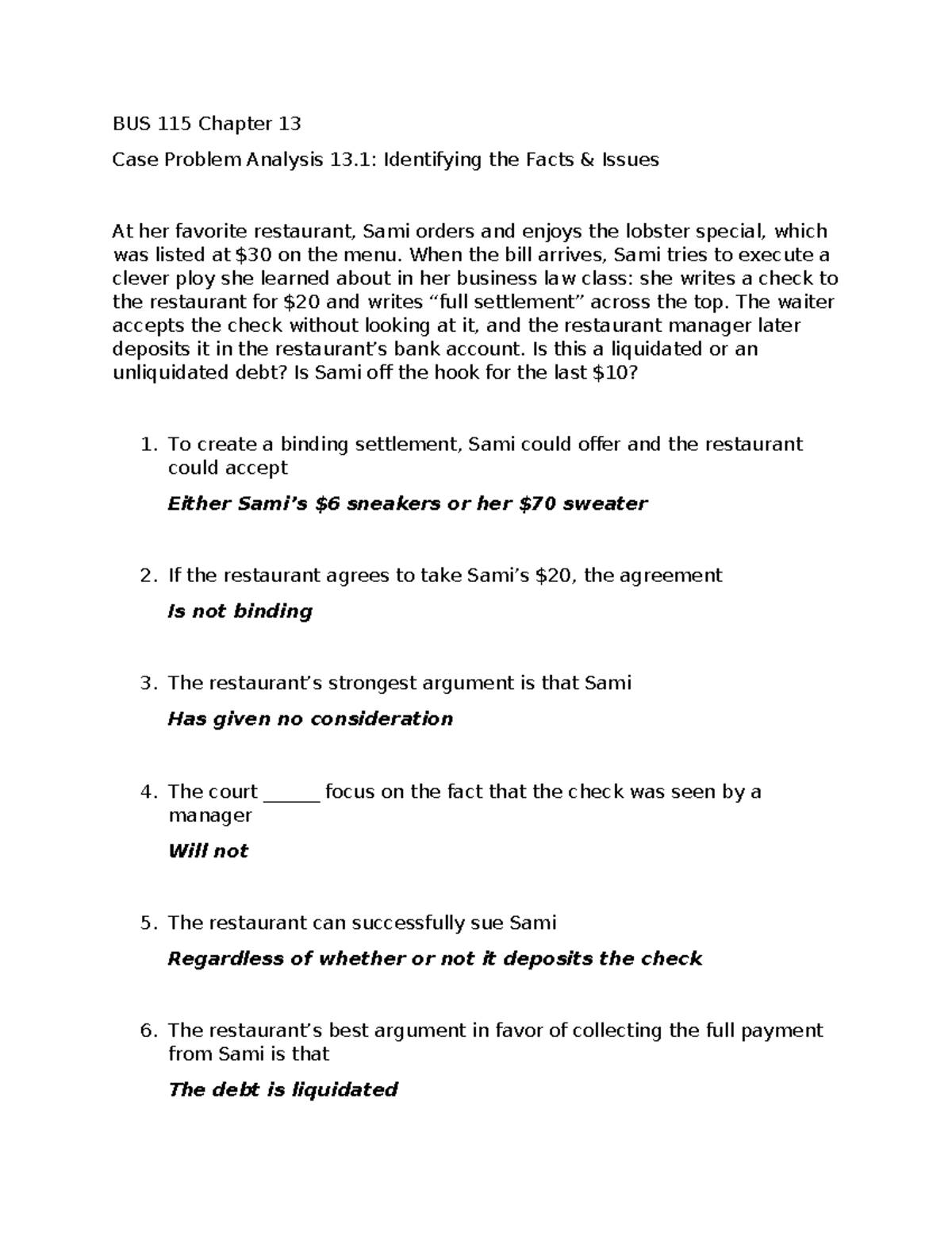BUS 115 Chapter 13 Case Study: Analyzing Sami's Settlement Attempt ...