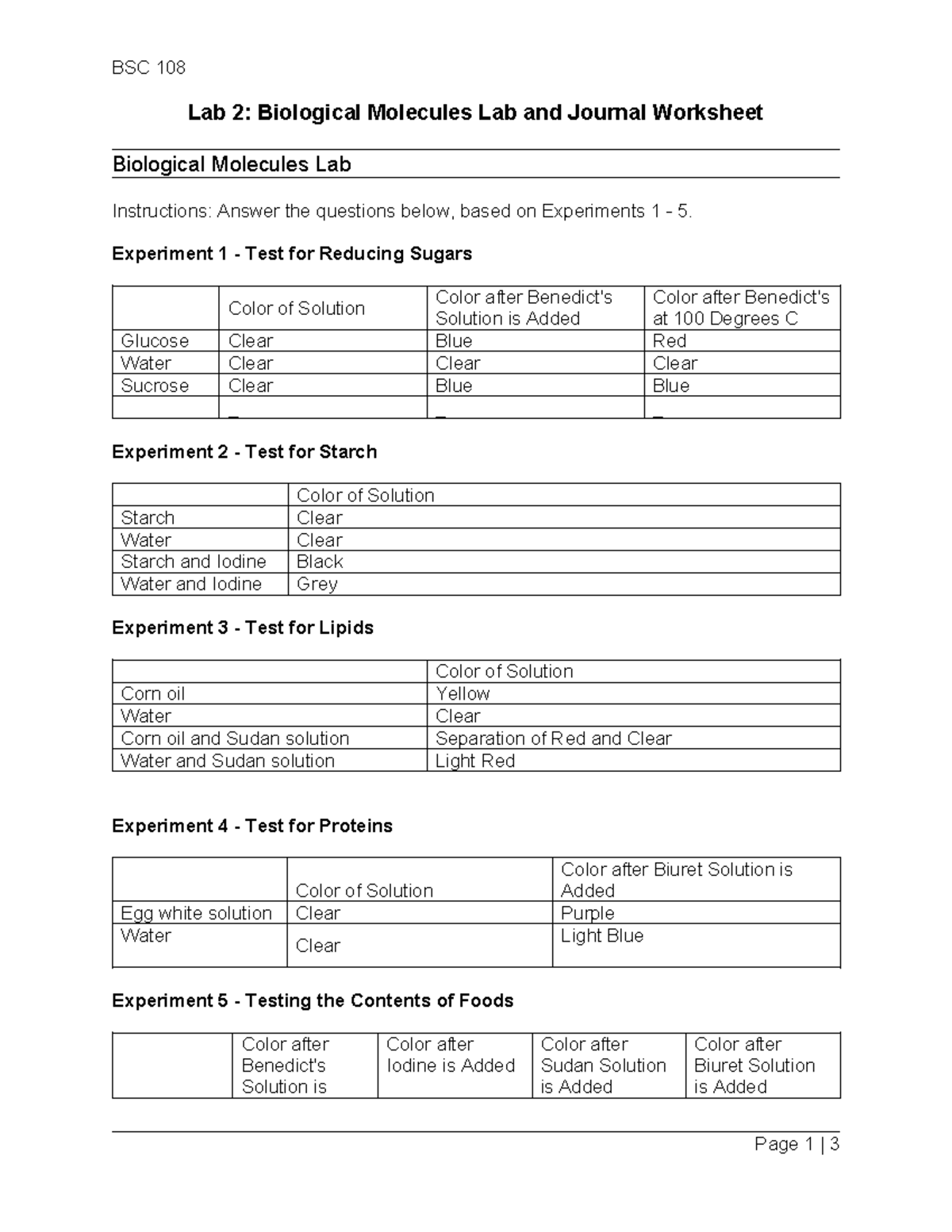 BSC 108 Lab 2: Biological Molecules Lab & Journal Worksheet - Studocu