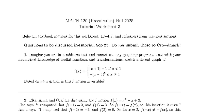 MATH 120 (Precalculus) Fall 2025 Tutorial Worksheet 3 - Studocu