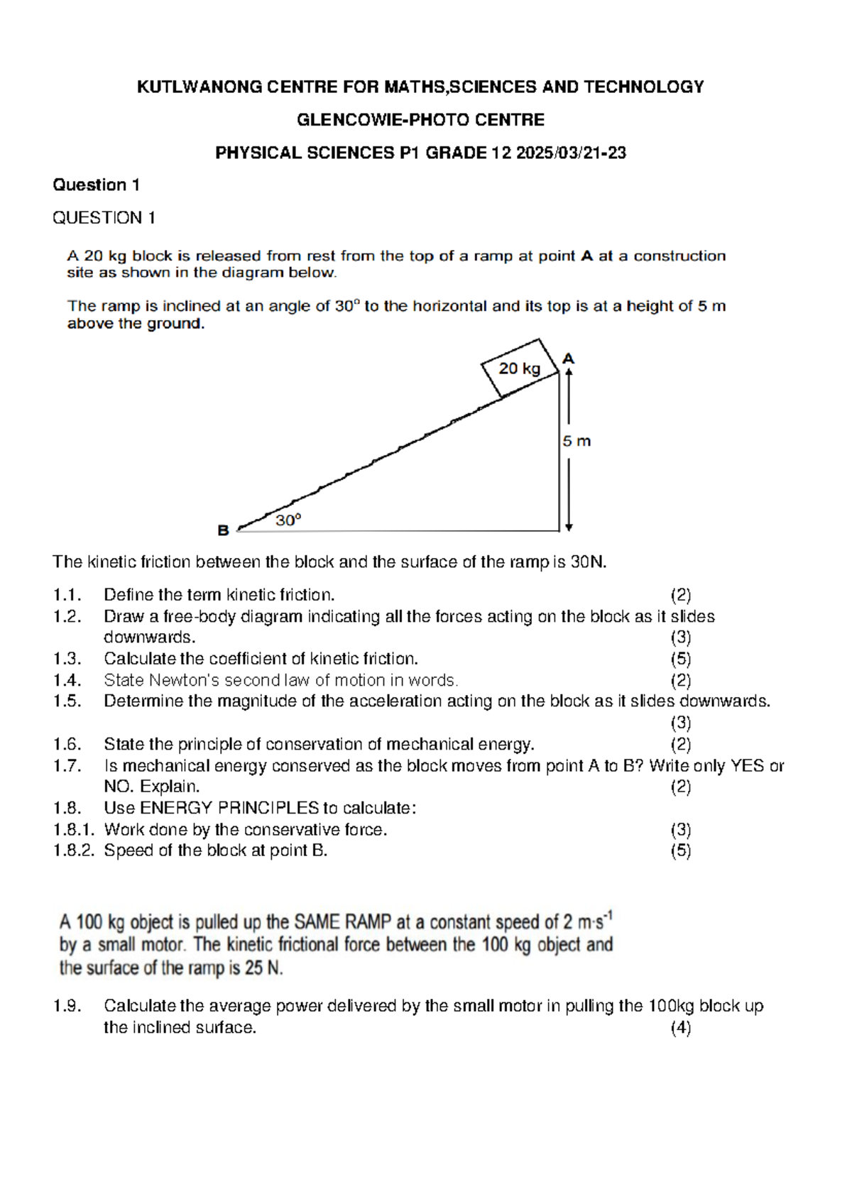 Physical Sciences P1 Grade 12 2025 Energy & Power Exam Questions - Studocu