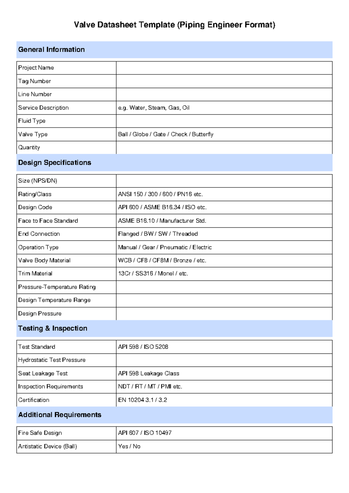 Ball Valve Datasheet Template (Piping Engineer Format) - Studocu