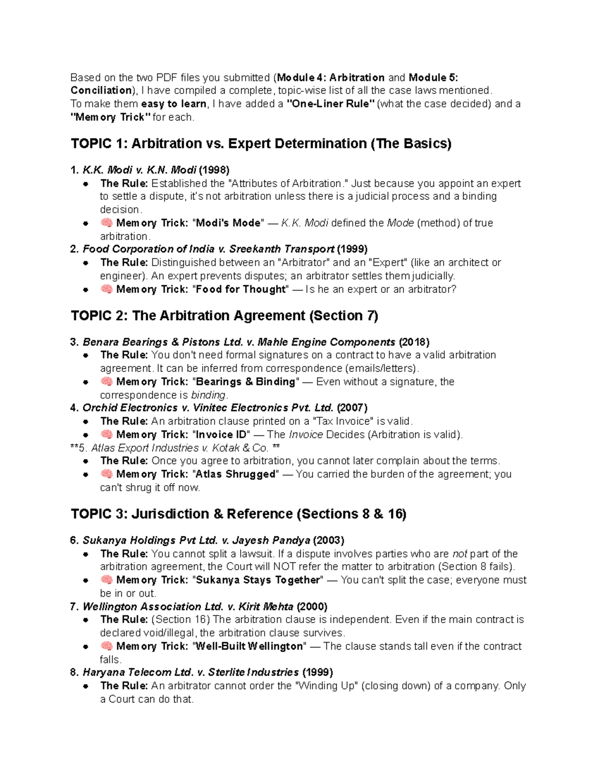 Case Laws Compilation: Arbitration & Conciliation (Modules 4 & 5) - Studocu