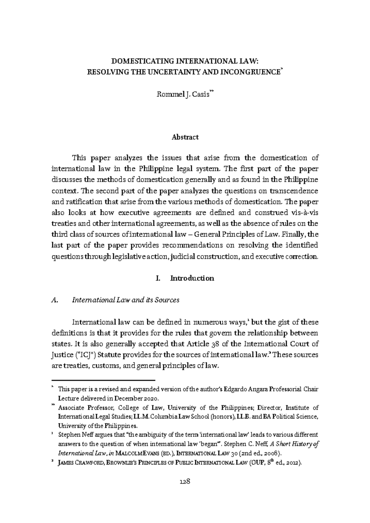 Domesticating International Law: Resolving Uncertainty in PH Legal ...