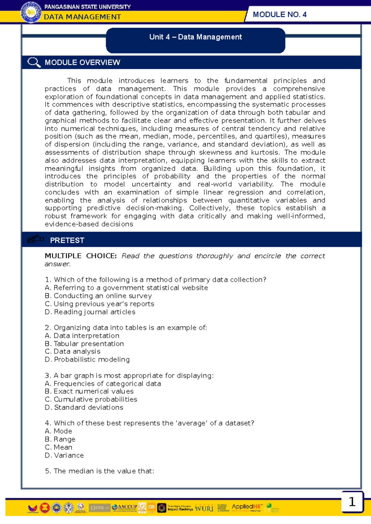 MMW 4: Data Management - Key Concepts and Practice Problems - Studocu