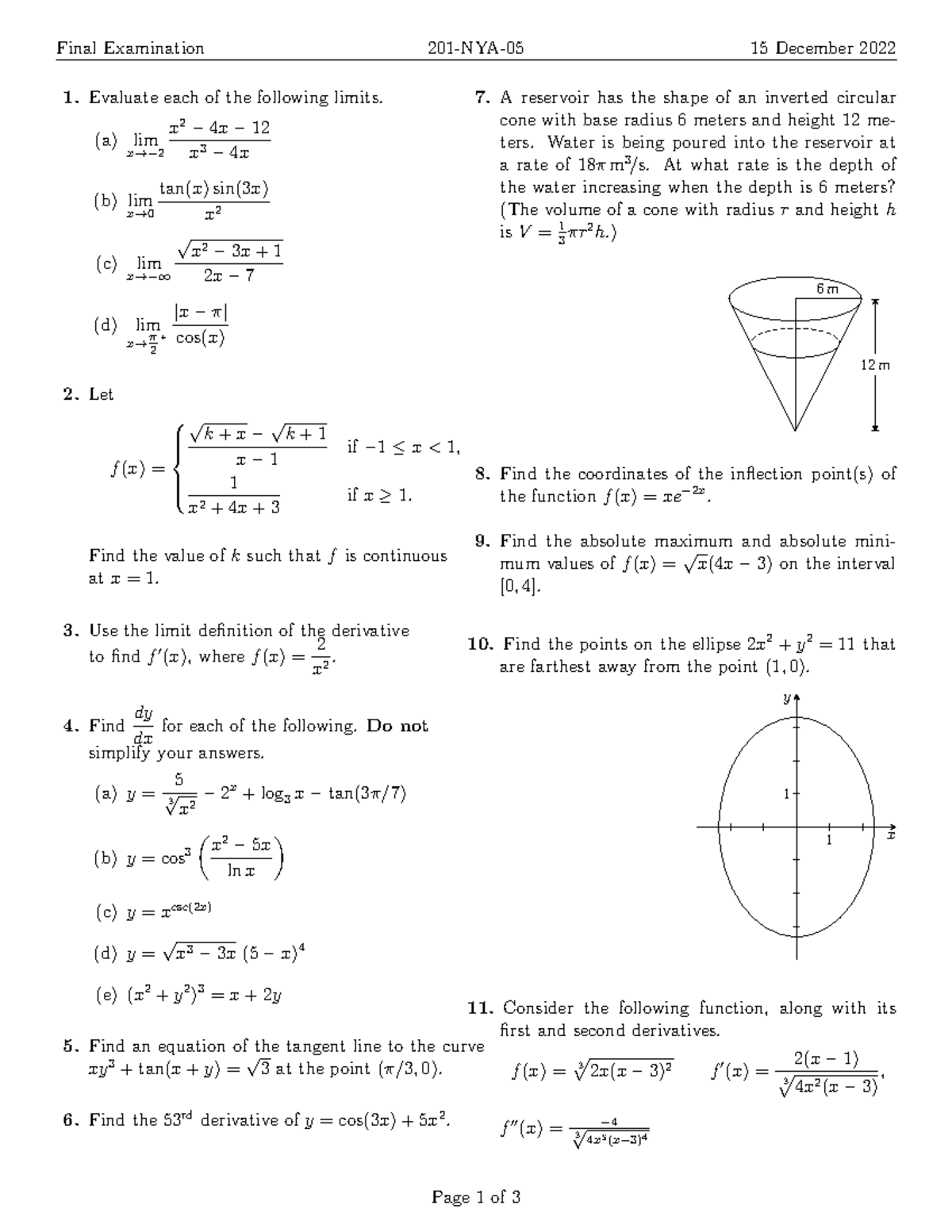 Final Exam 201 NYA 05 2022: Calculus 1 Practice Problems - Studocu