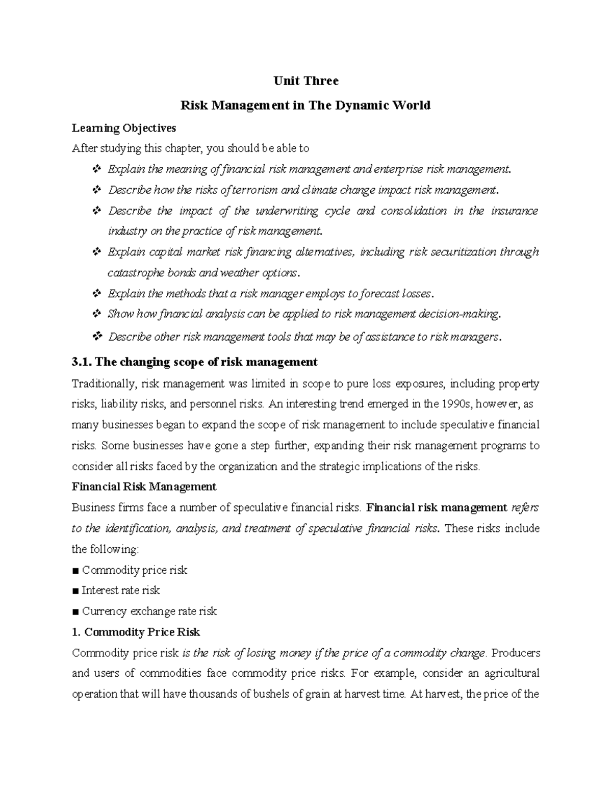 Unit 3: Risk Management in a Dynamic Environment - Key Concepts and ...