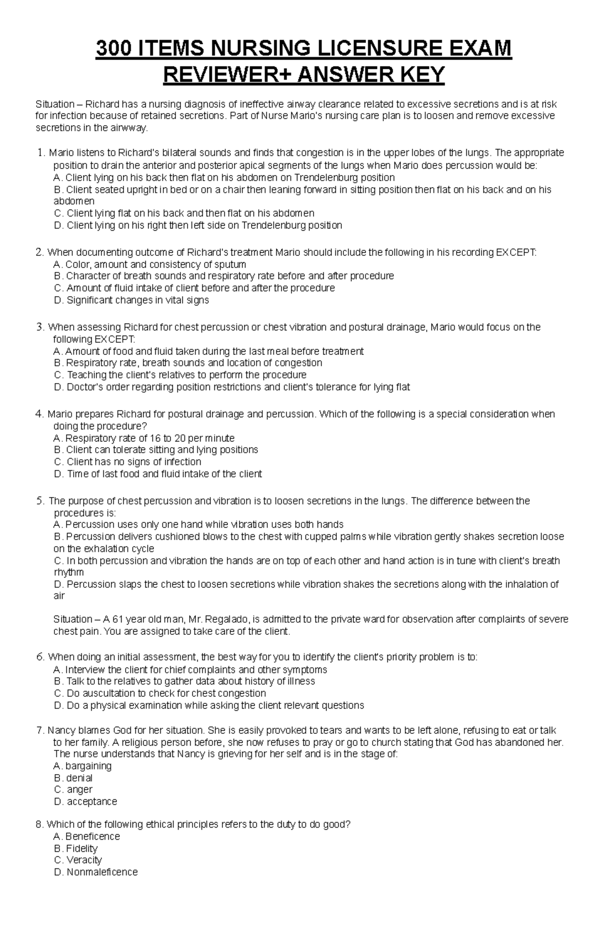 300 ITEM NLE PRACTICE EXAM: NURSING LICENSURE EXAM ANSWER KEY - Studocu