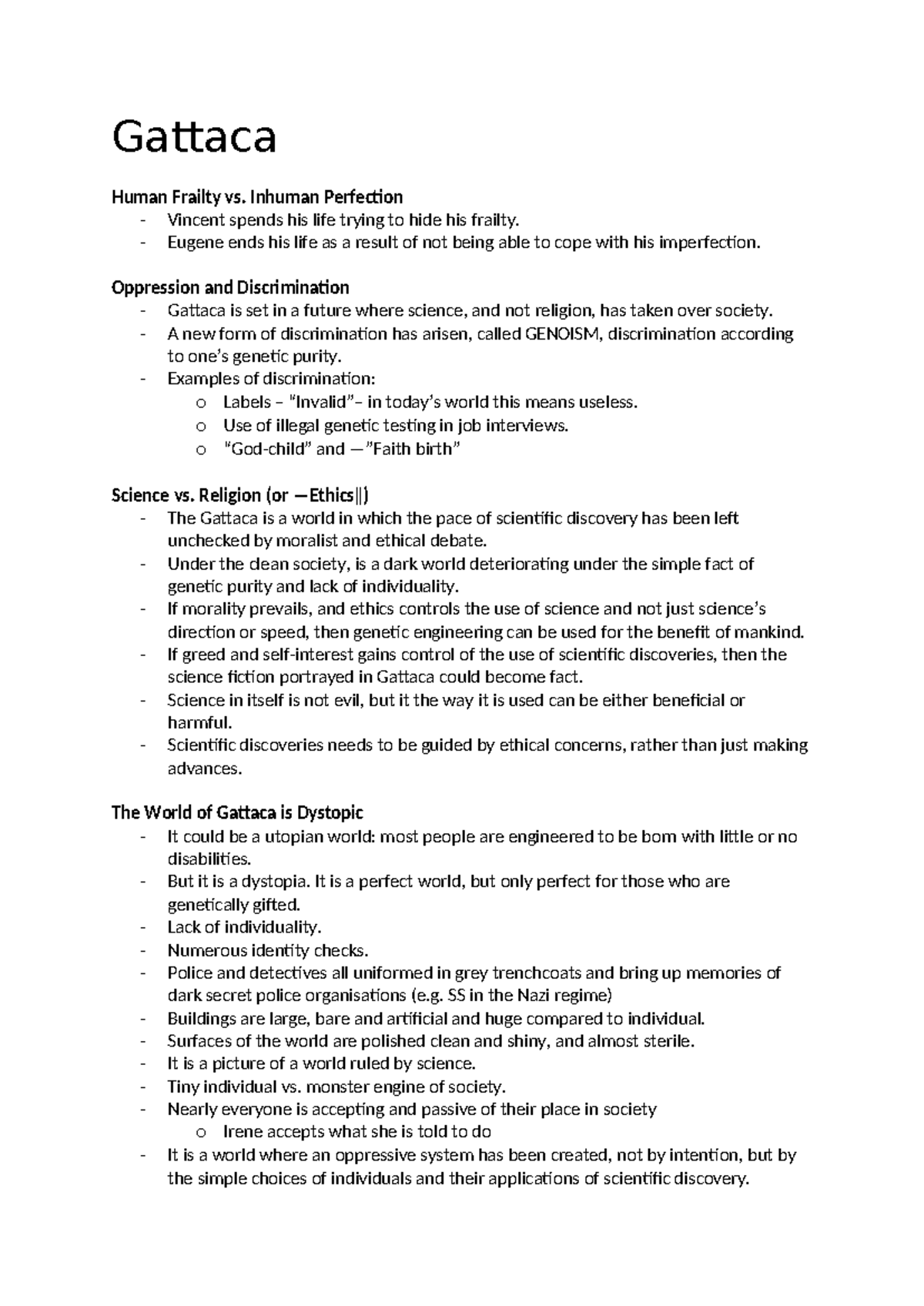 Gattaca: Key Themes and Analysis of Genetic Discrimination - Studocu