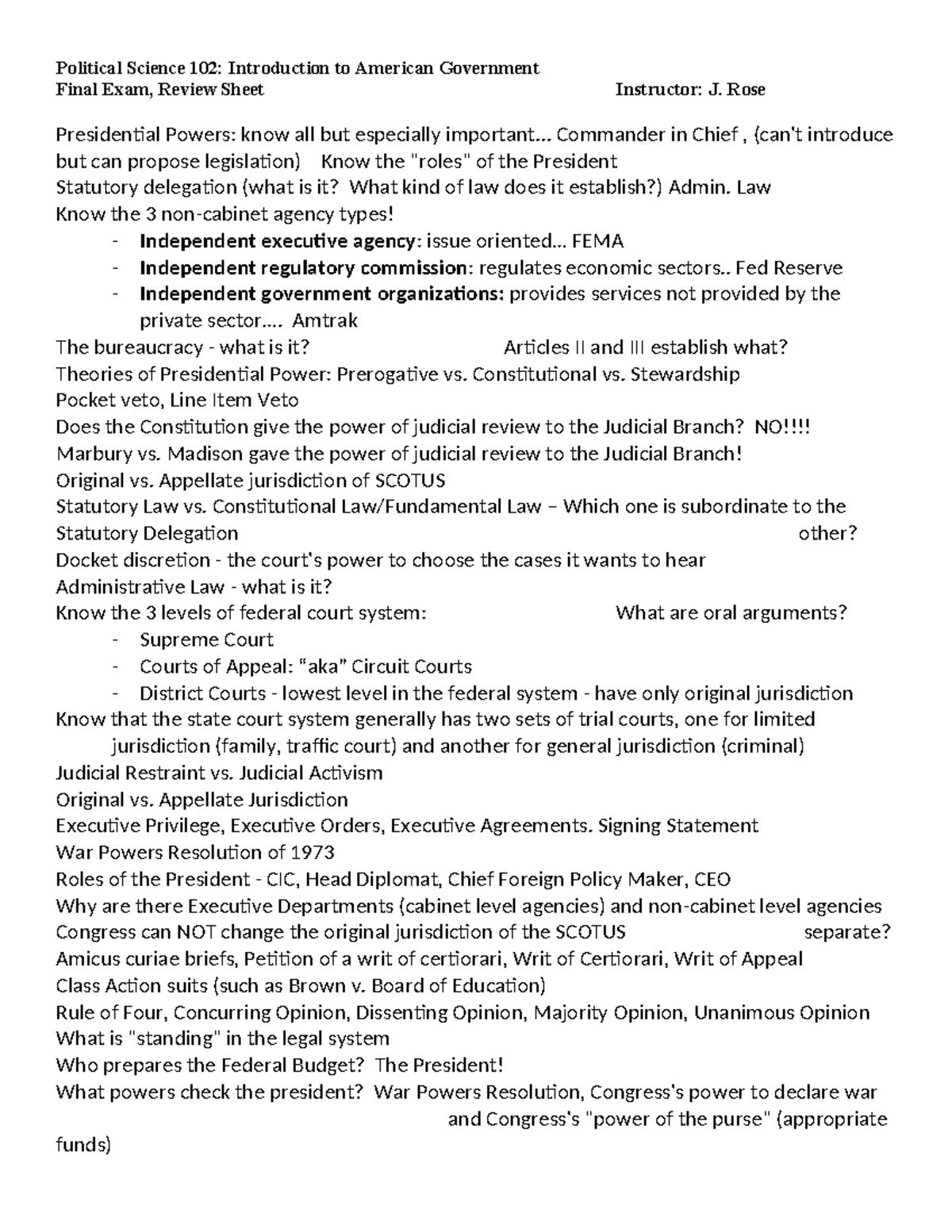 Final Exam Review Sheet for Political Science 102: American Government ...