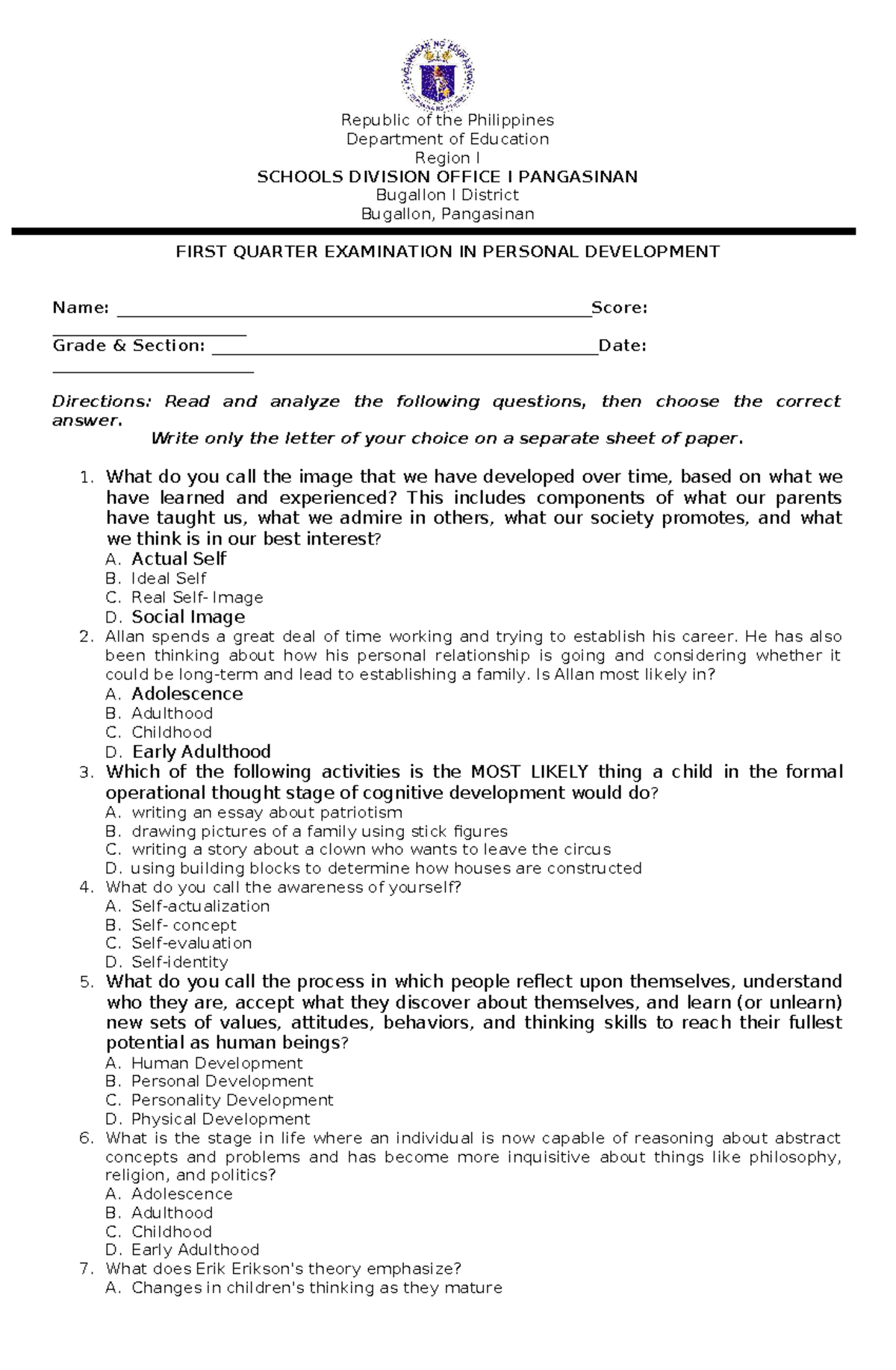 Personal Development 1ST Quarter Exam Review Guide - Studocu