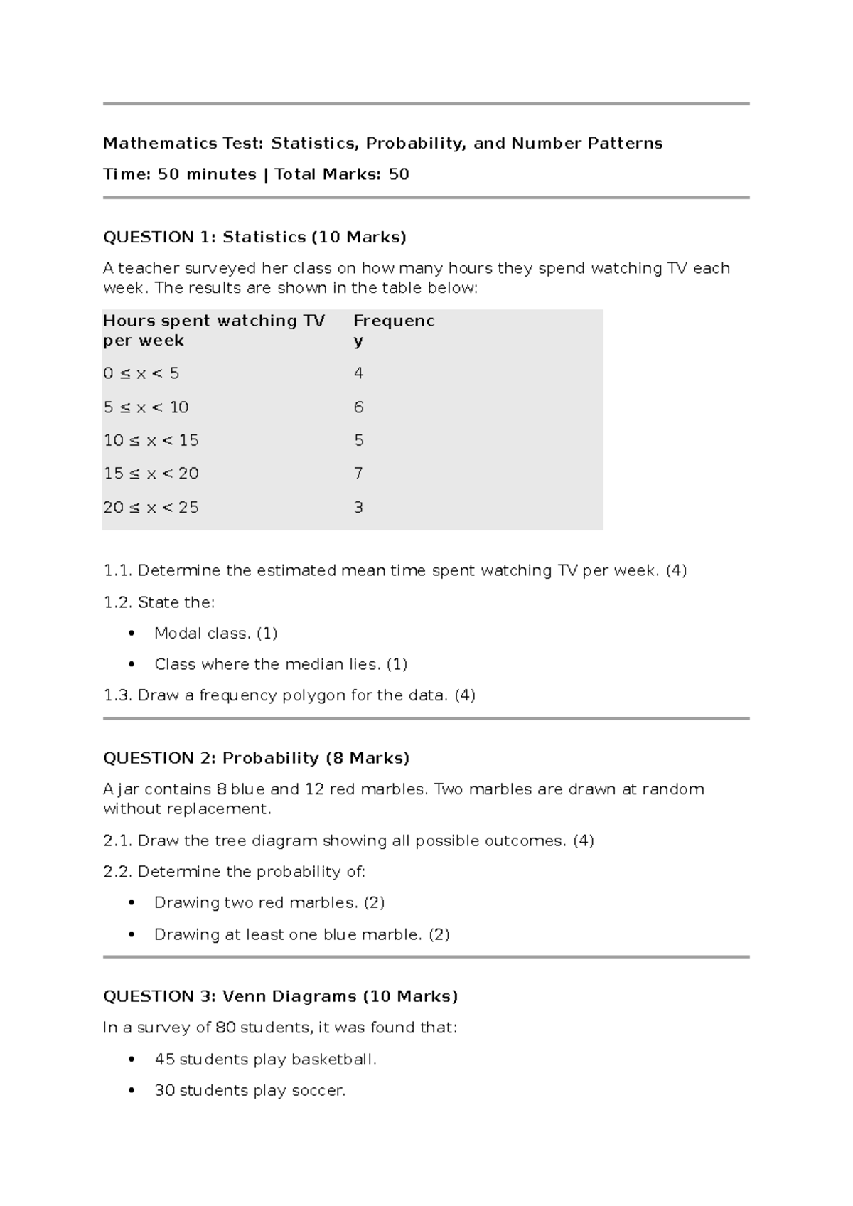 Practice Test - Stats, Probability, Number Patterns - Mathematics Test ...