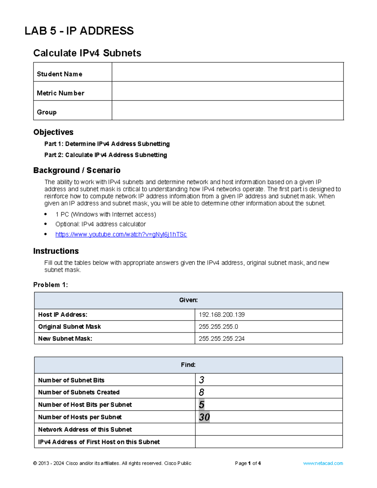 LAB 5 - Calculate IPv4 Subnets and Host Information - Studocu