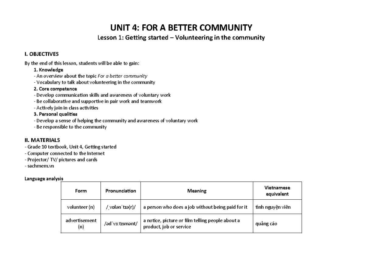 UNIT 4: FOR A BETTER COMMUNITY Lesson 1: Volunteering Overview and ...