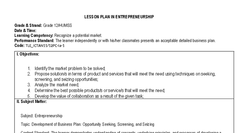 ENTREPRENEURSHIP LESSON PLAN: Market Recognition & Business Development ...