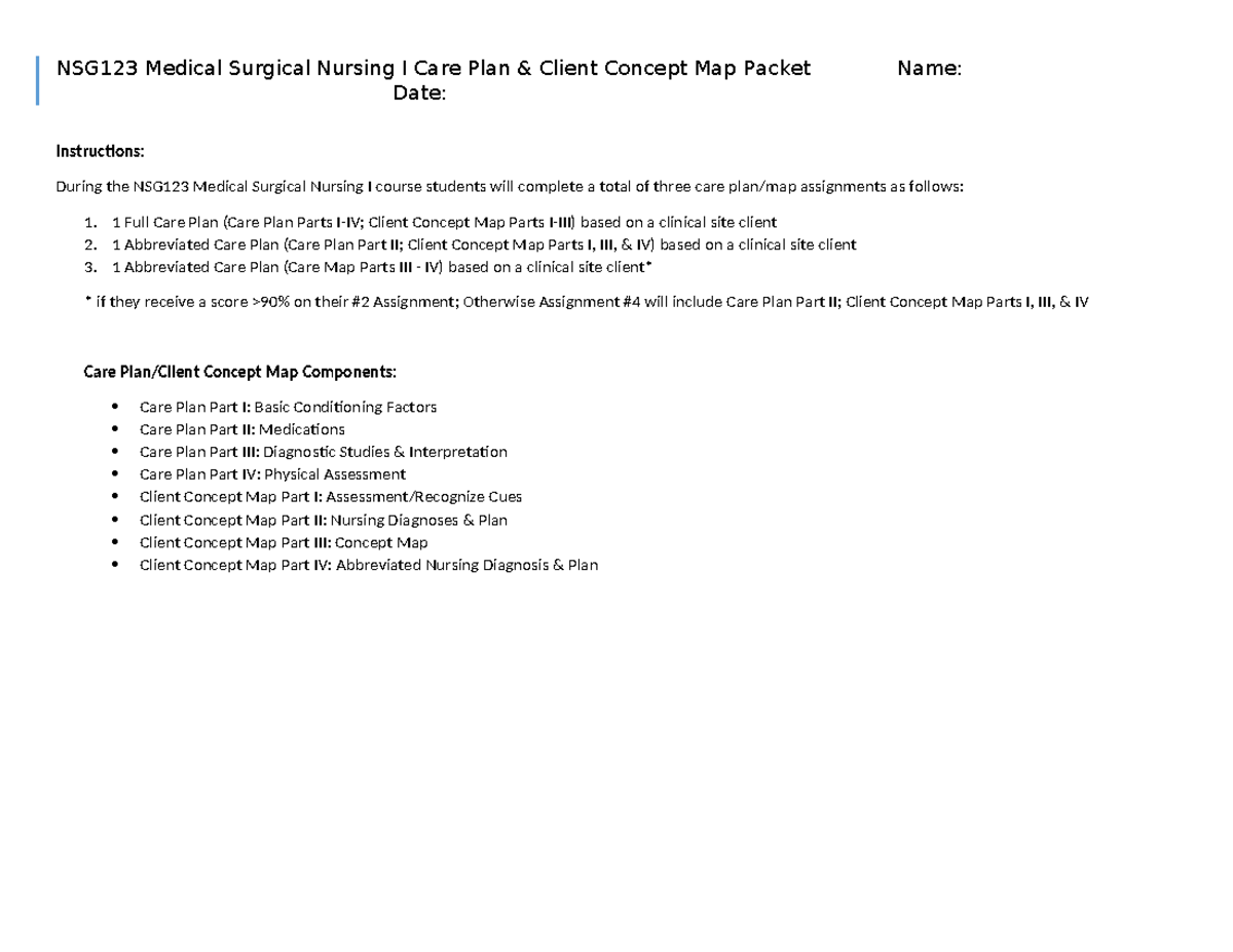 NSG123 Final Care Plan & Client Concept Map Packet Overview - Studocu
