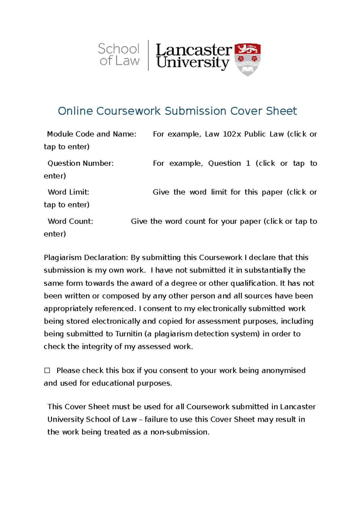 Law 102x Online Coursework Submission Cover Sheet 2025-26 - Studocu
