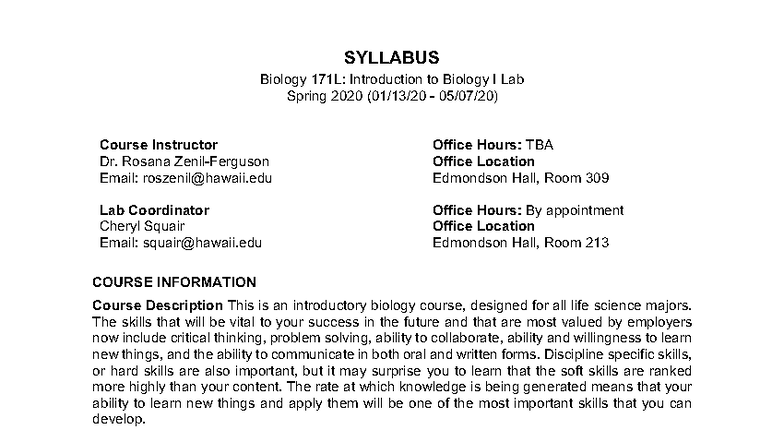 Biology 171L Syllabus: Intro to Biology I Lab - Spring 2020 - Studocu