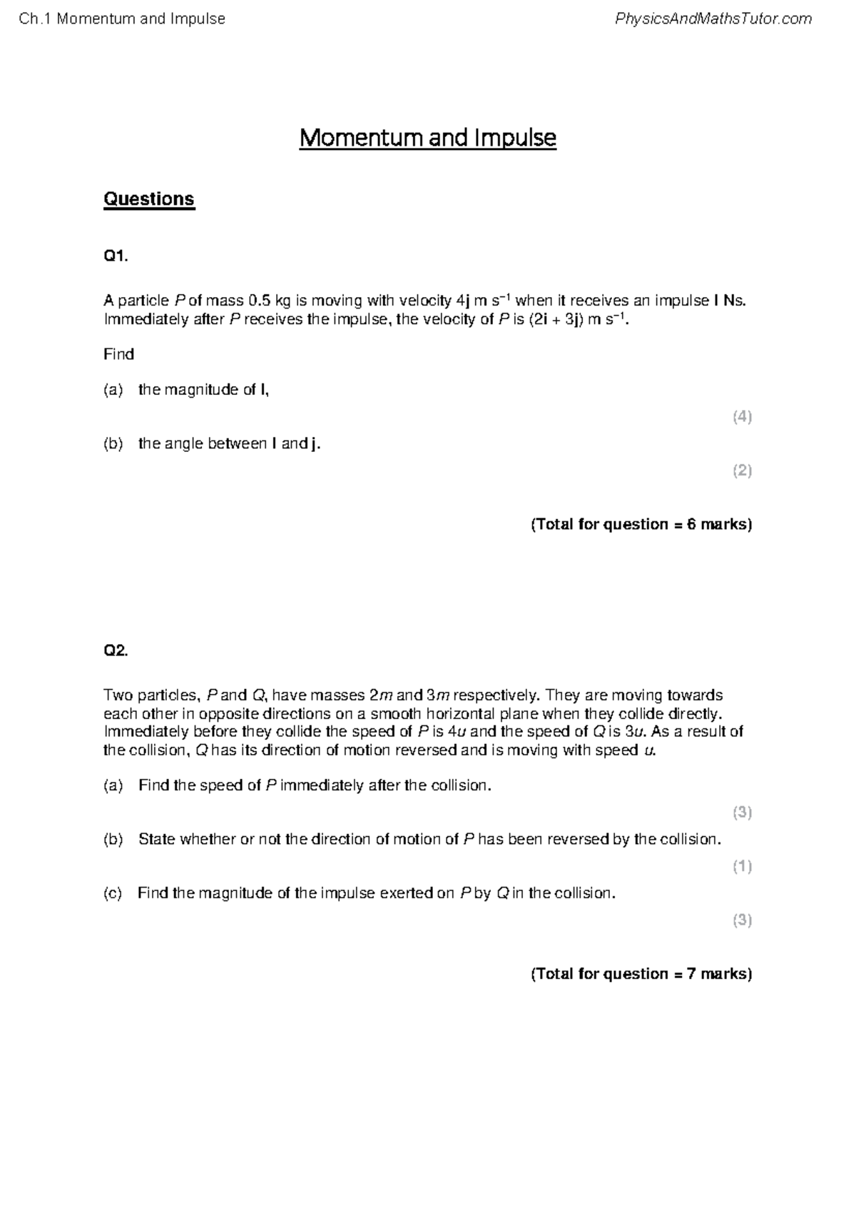 Ch.1 Momentum and Impulse Questions and Solutions for Physics Exam ...