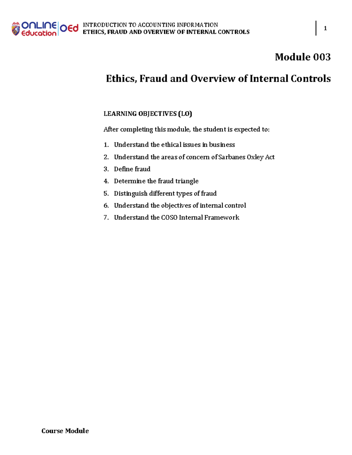 W3 Module 003: Ethics, Fraud & Internal Control Overview - Studocu