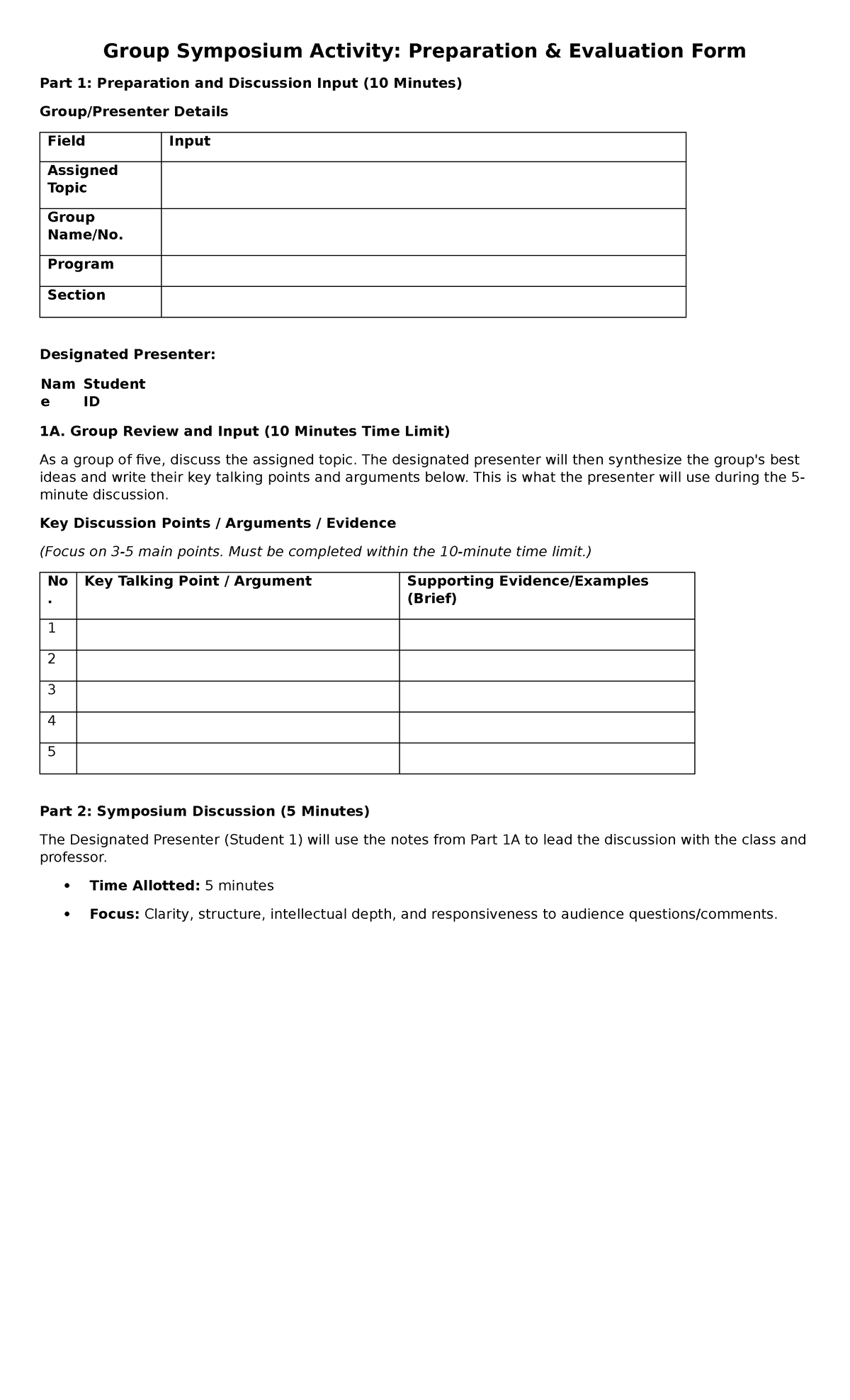Group Symposium Activity Evaluation Form: Prep & Discussion (Part 1 ...