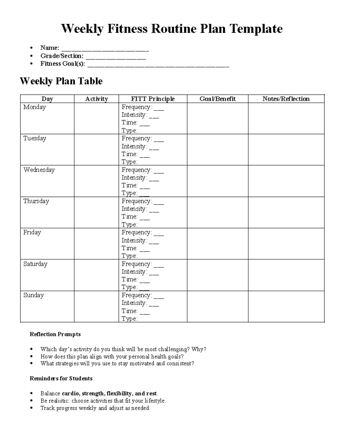 Weekly Fitness Routine Plan Template for Health Goals - Studocu
