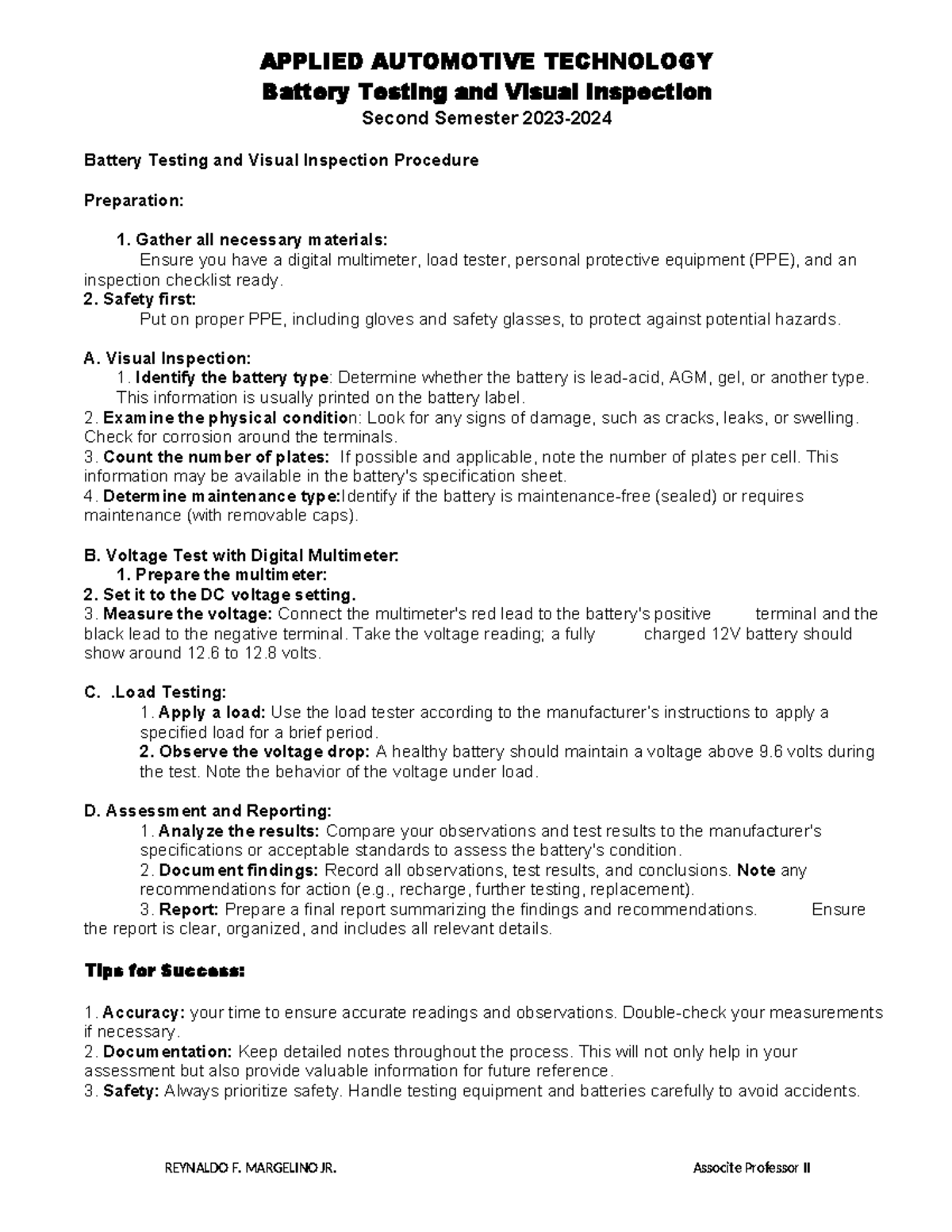 Battery Testing & Visual Inspection Procedure (AUT 2023) with Rubric ...