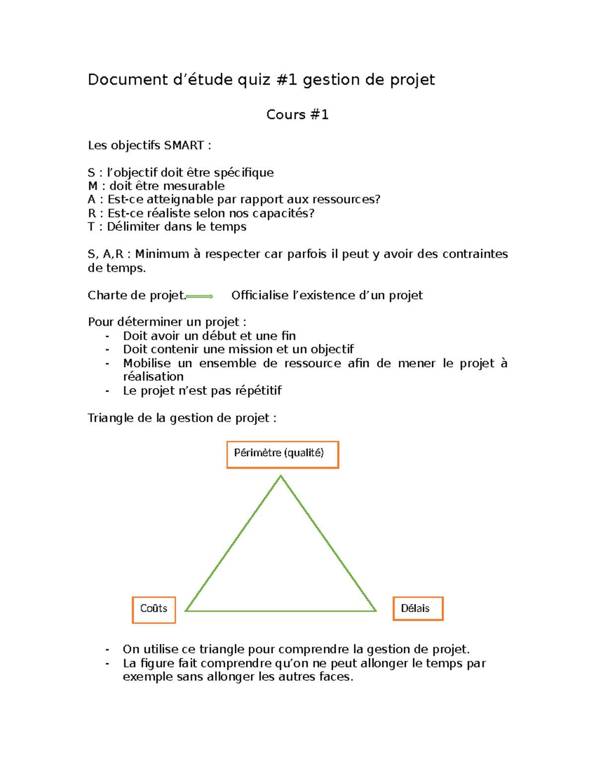 Quiz #1 Révision Gestion de Projet : Objectifs SMART et Processus clés - Studocu