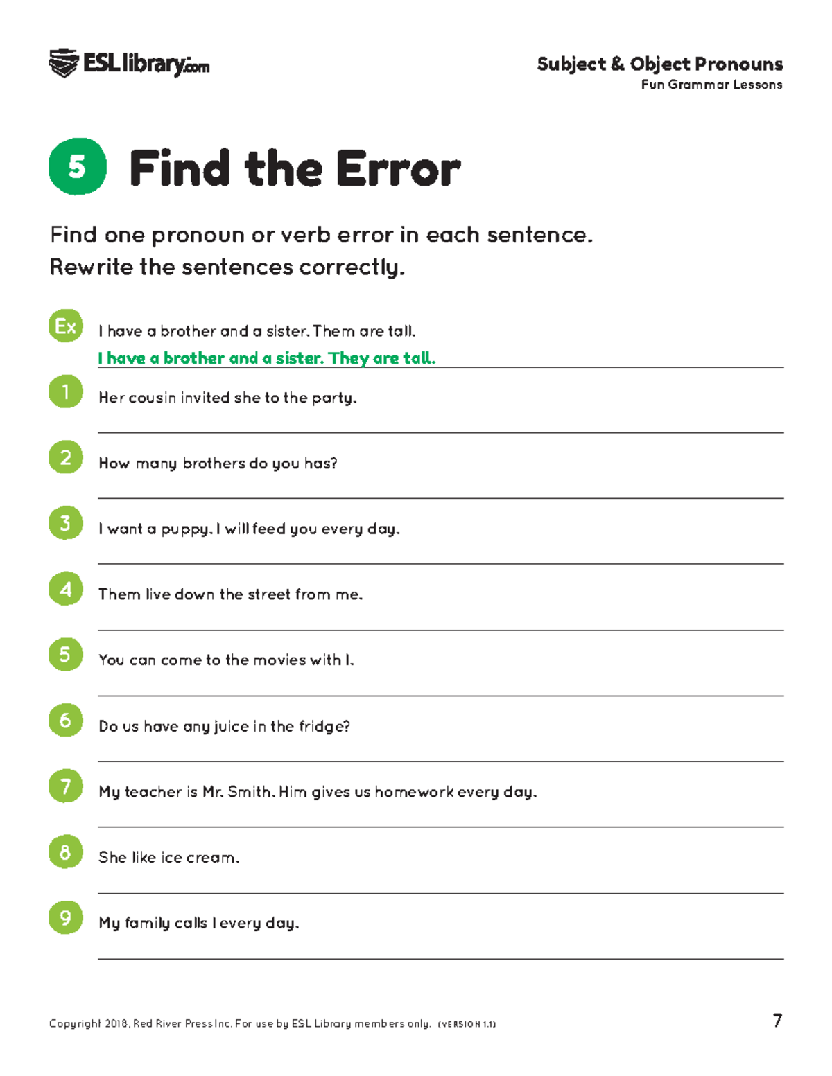 Subject & Object Pronouns – Fun Grammar Lessons – ESL Library ...