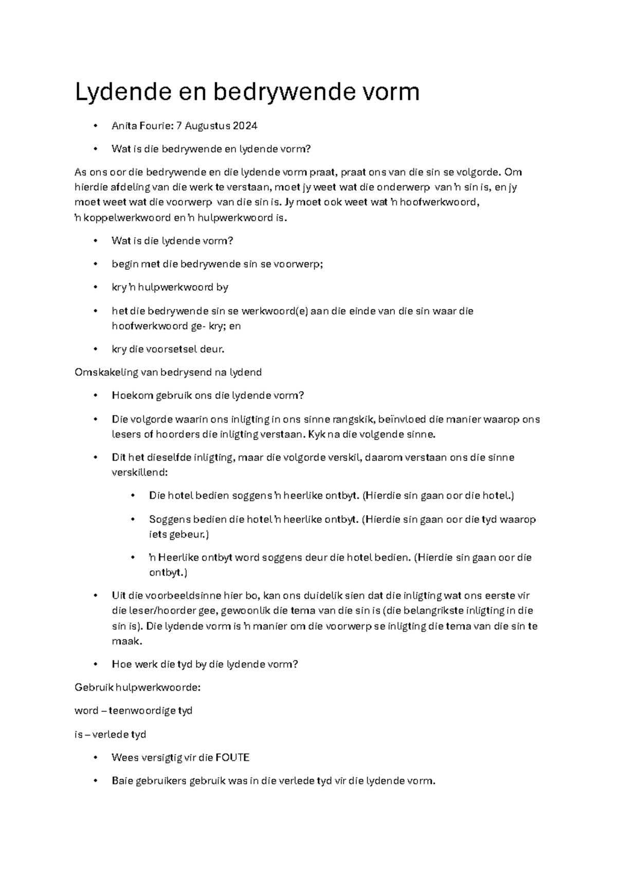 Lydende en Bedrywende Vorm - 'n Uitleg en Voorbeelde - Studocu