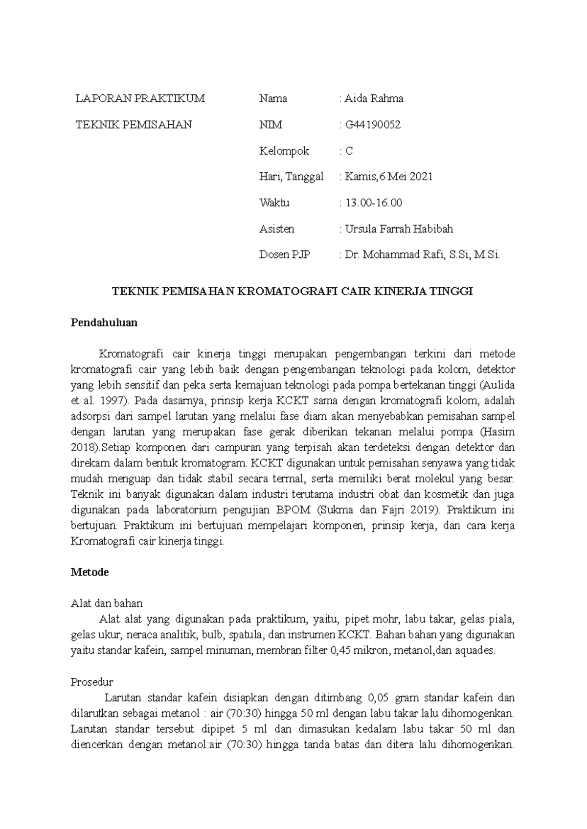 Laporan Praktikum Kromatografi Cair Kinerja Tinggi (KCKT) - Studocu