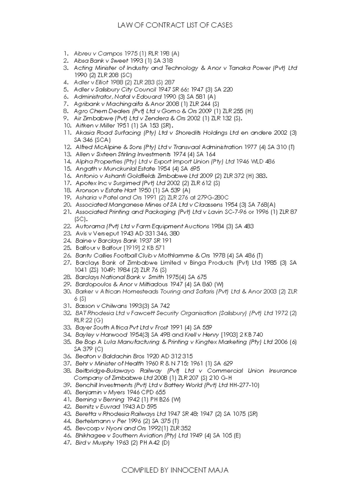 LAW OF CONTRACT: LIST OF CASES (Compiled by Innocent Maja) - Studocu