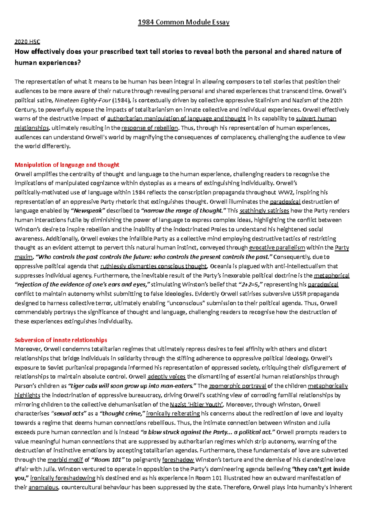 HSC English Advanced Essay: Analyzing Human Experience in 1984 - Studocu