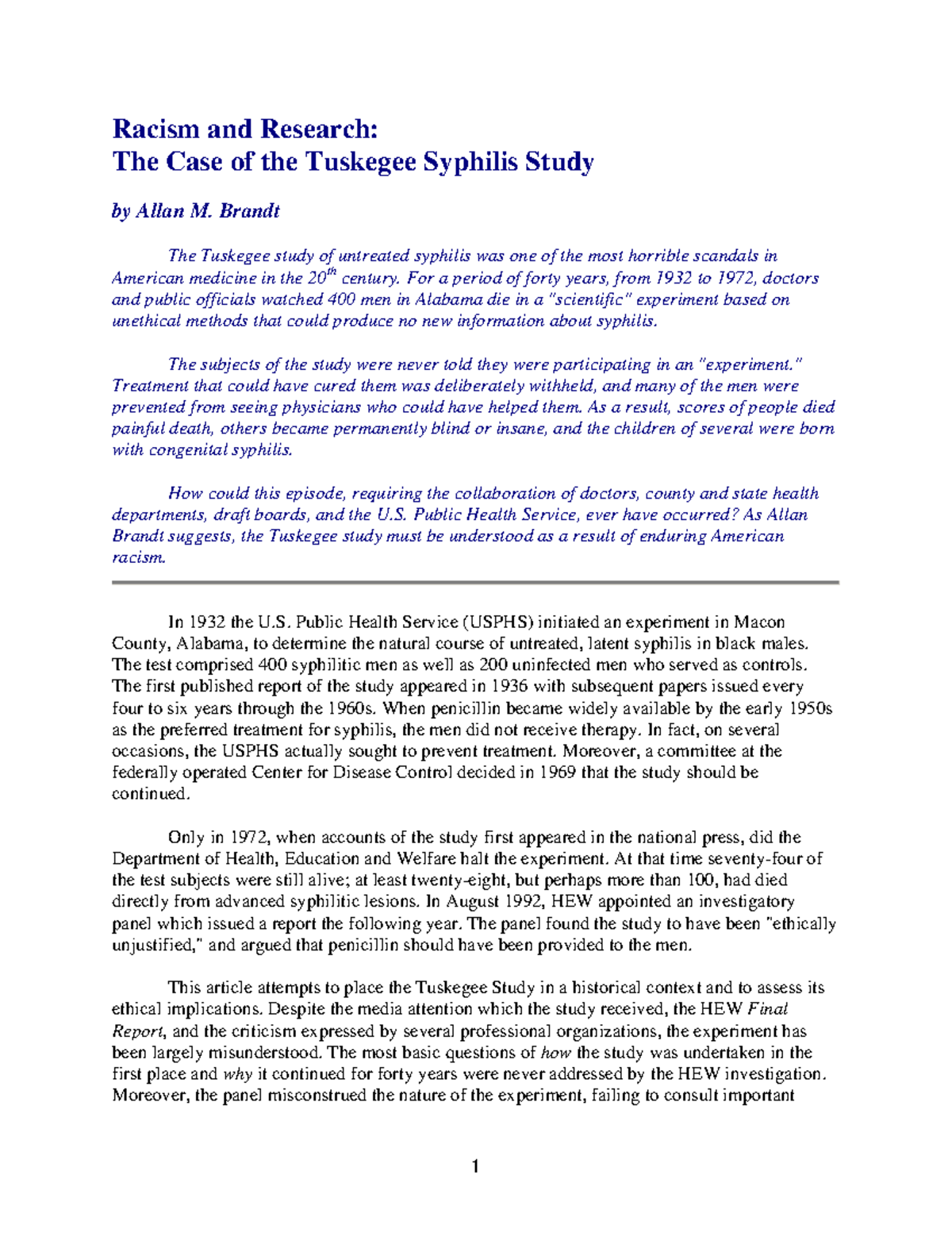 Racism and Research: Analyzing the Ethics of the Tuskegee Study - Studocu
