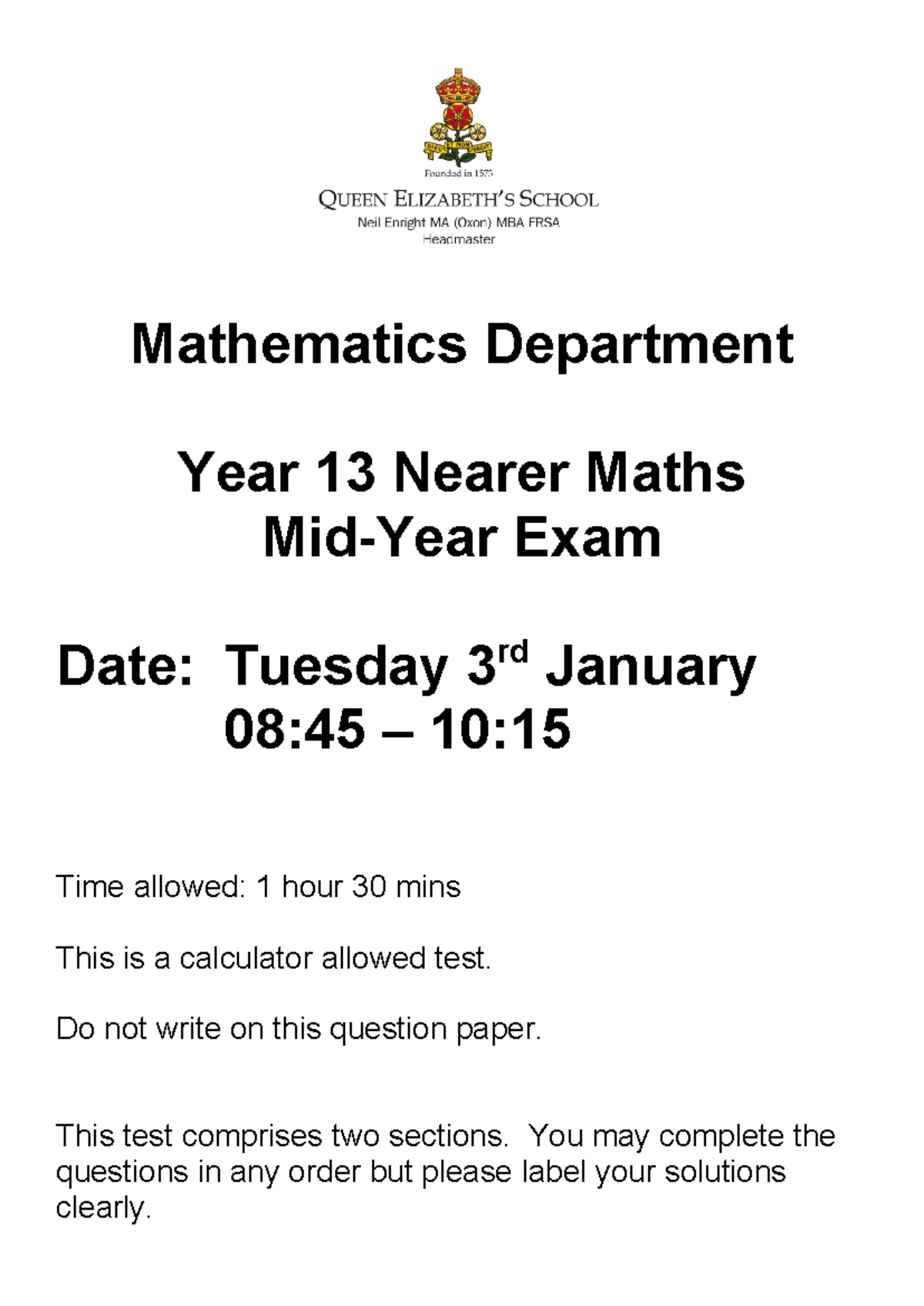 13Ma T3 Nearer Maths Exam QP - Final Past Paper - Studocu