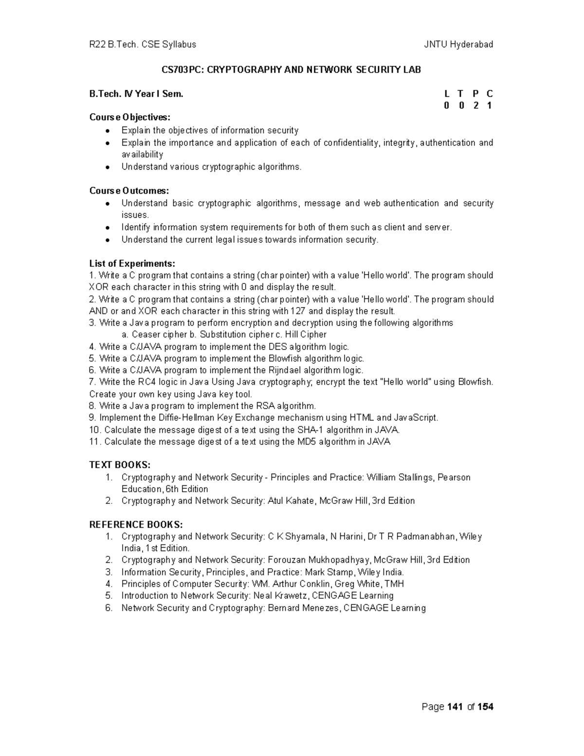 CNS LAB CS703PC: Cryptography & Network Security Syllabus R22 - Studocu