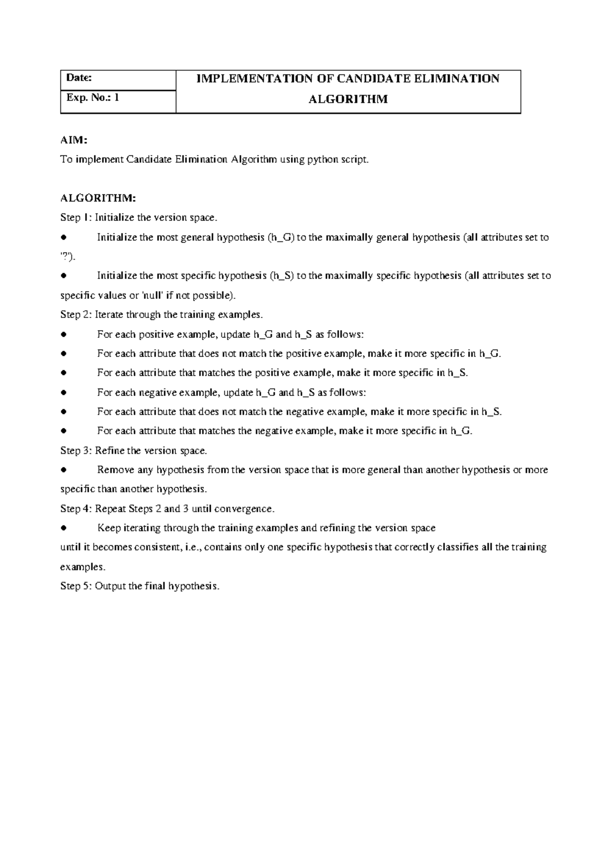 AD3461 Machine Learning Lab Manual: Implementation of Algorithms - Studocu