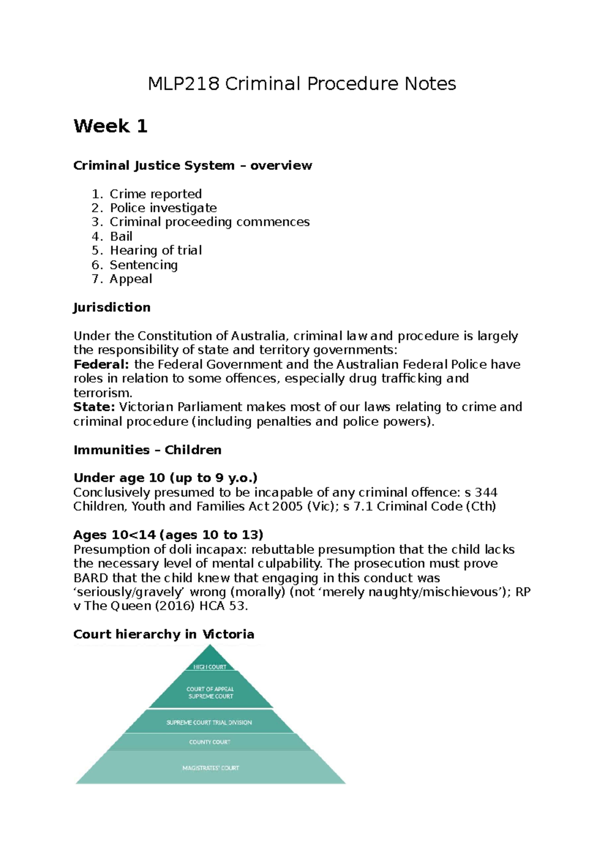 MLP218 Criminal Procedure Notes: Weeks 1-3 Overview of Criminal Justice ...