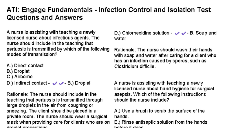 ATI: Engage Fundamentals Infection Control & Isolation Q&A Guide - Studocu