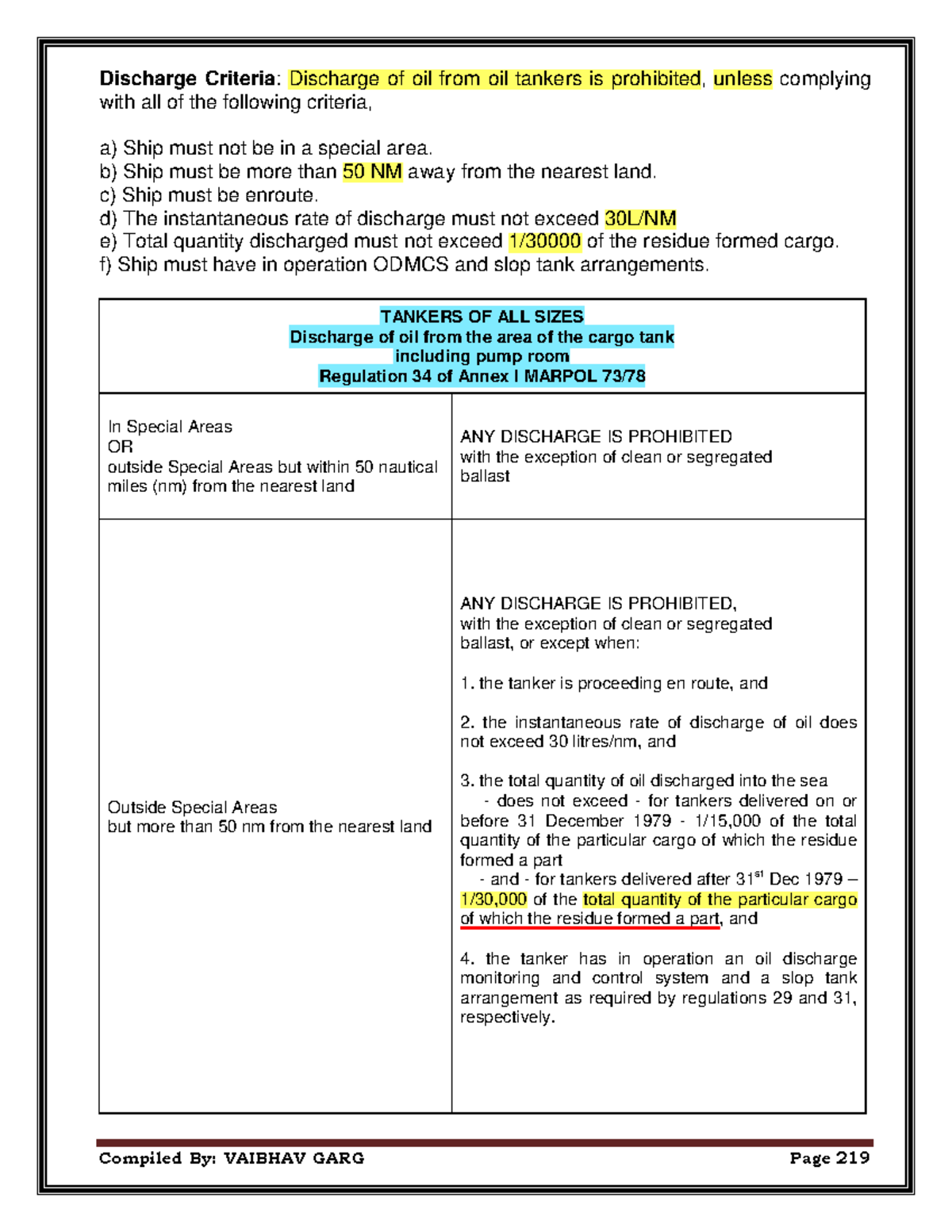 Discharge Criteria for Oil Tankers: Annex I MARPOL 73 Regulations - Studocu