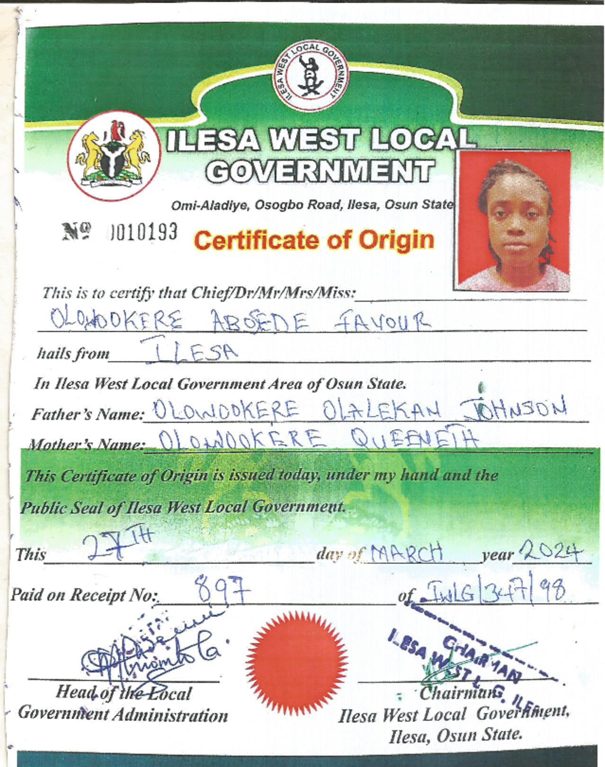 Certificate of Origin: Ilesa West Local Government - Business Admin ...