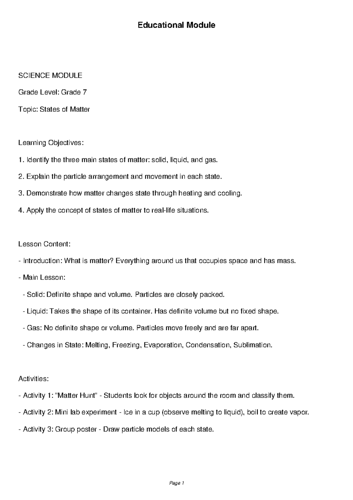Science Module - States of Matter for Grade 7 Educational Lessons - Studocu