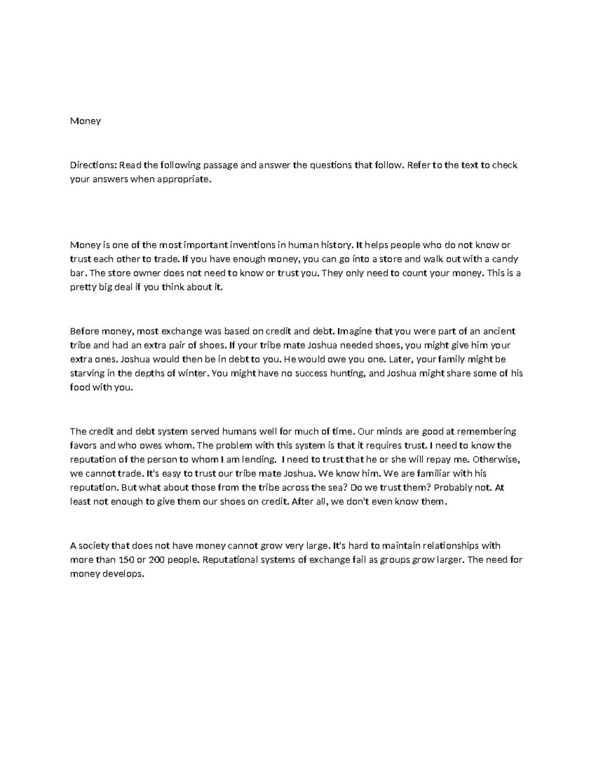 Money - Reading Comprehension: The Role of Trust in Trade - Studocu