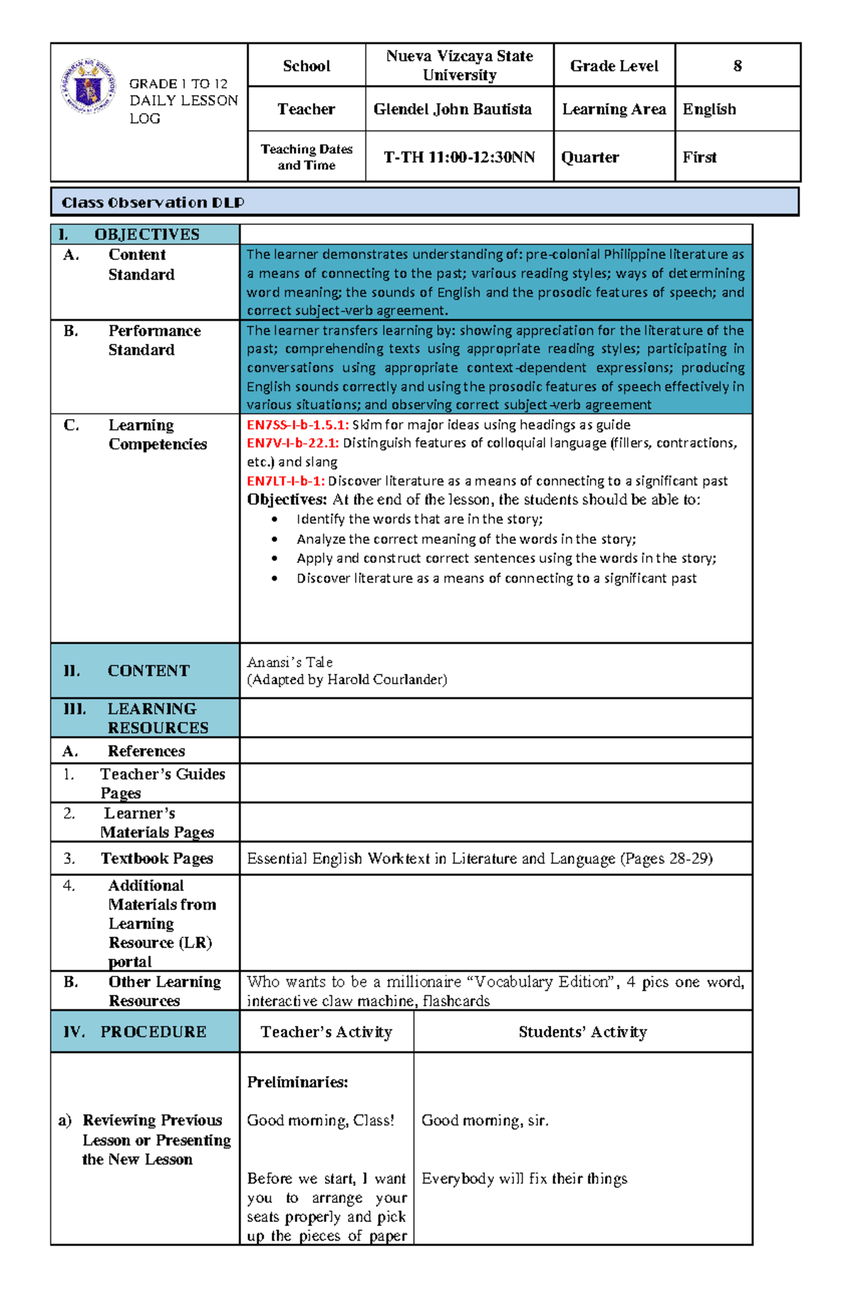Lesson Plan: Grade 8 English DLP - Teacher Glendel John Bautista - Studocu