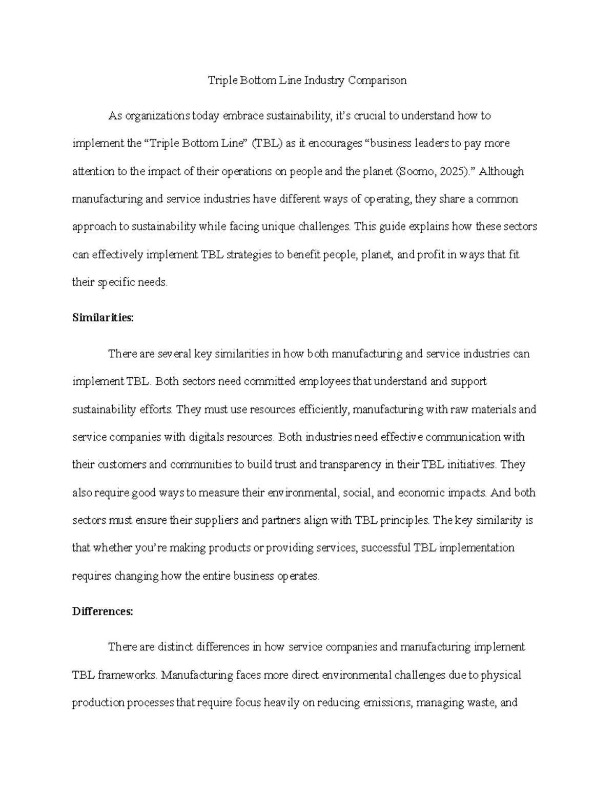 1-3 Assignment - TBL Strategies in Manufacturing vs. Service Industries ...