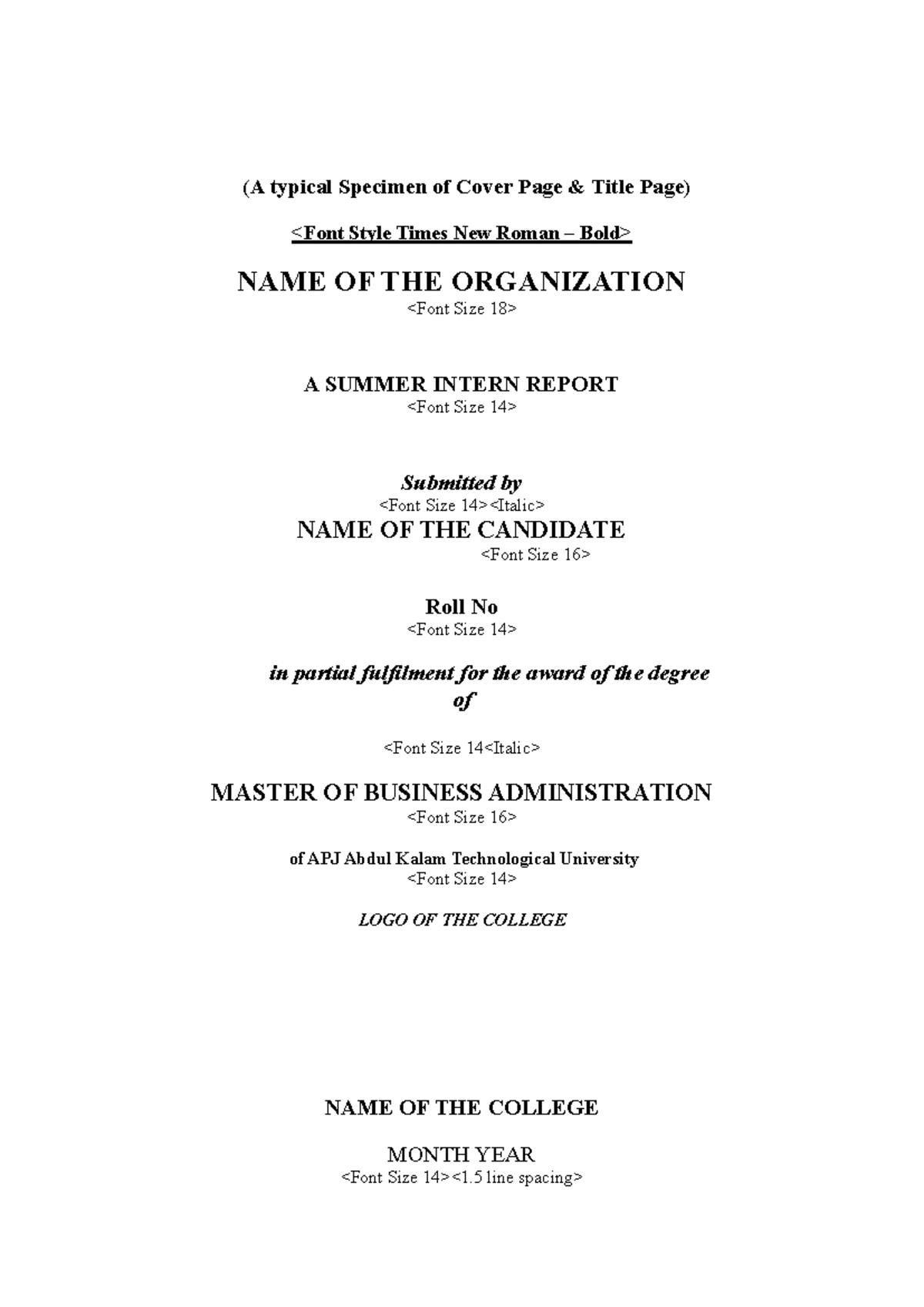 MBA Internship Report Format Guidelines and Structure - Studocu