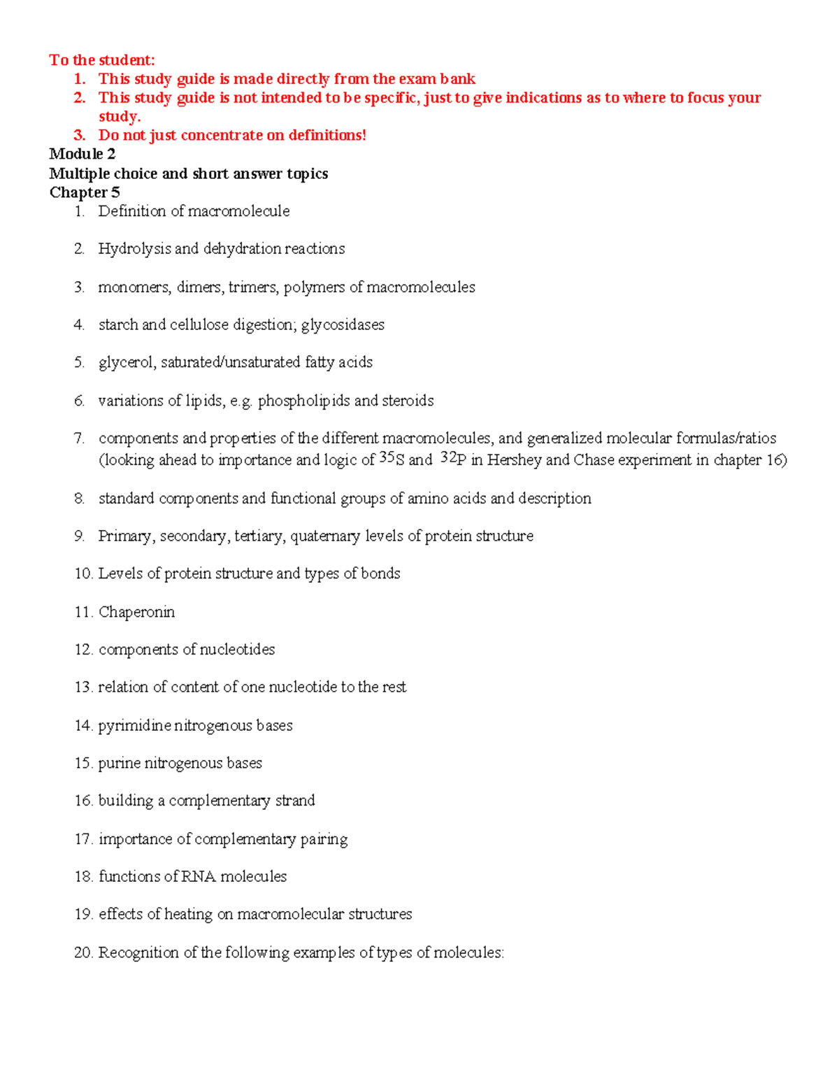 Module 2E Study Guide: Key Topics in Macromolecules and Cell Biology ...