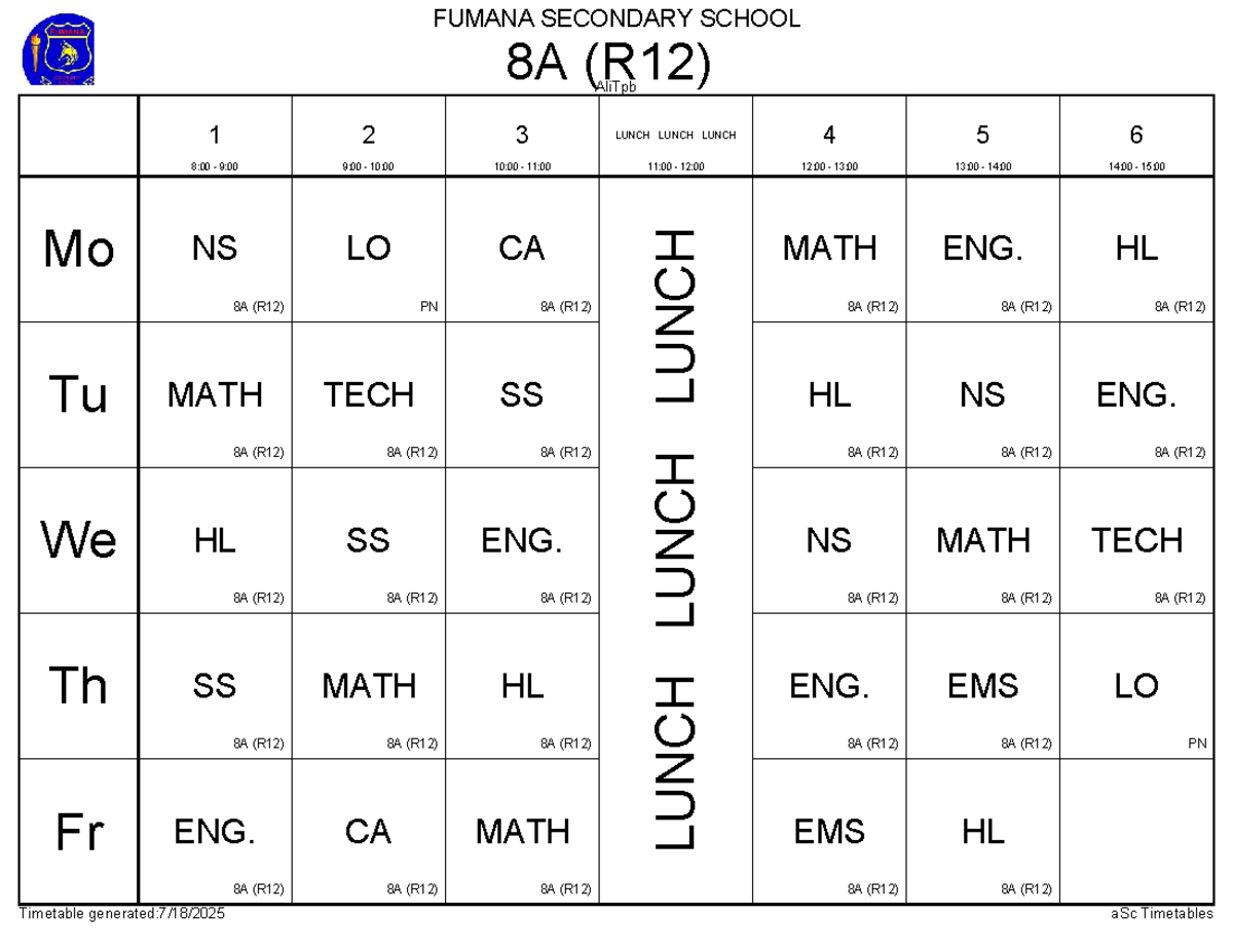 FUMANA SECONDARY SCHOOL TERM 3 Class Timetable (R21) - Studocu