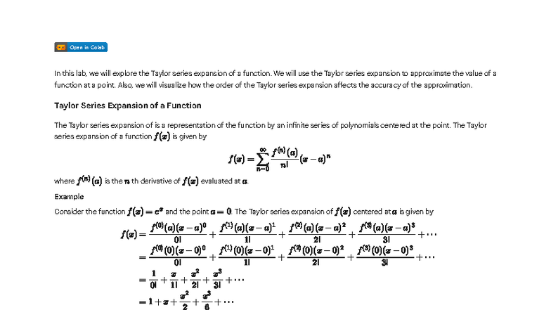 Lecture 2: Exploring Taylor Series Expansion in Python (Colab) - Studocu